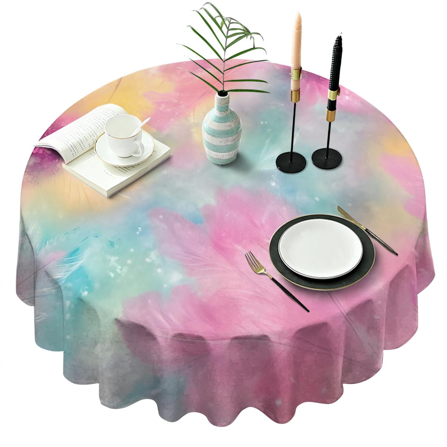 Colorful Floral Pattern Round Tablecloth 60"x60",Wrinkle Wipeable Table ...
