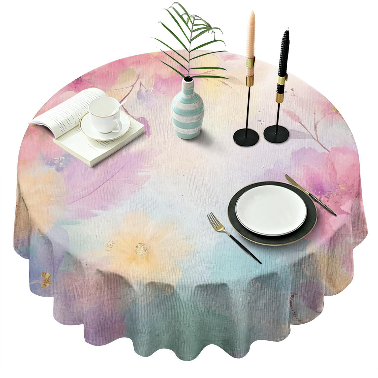 Colorful Floral Pattern Round Tablecloth 60"x60",Wrinkle Wipeable Table ...