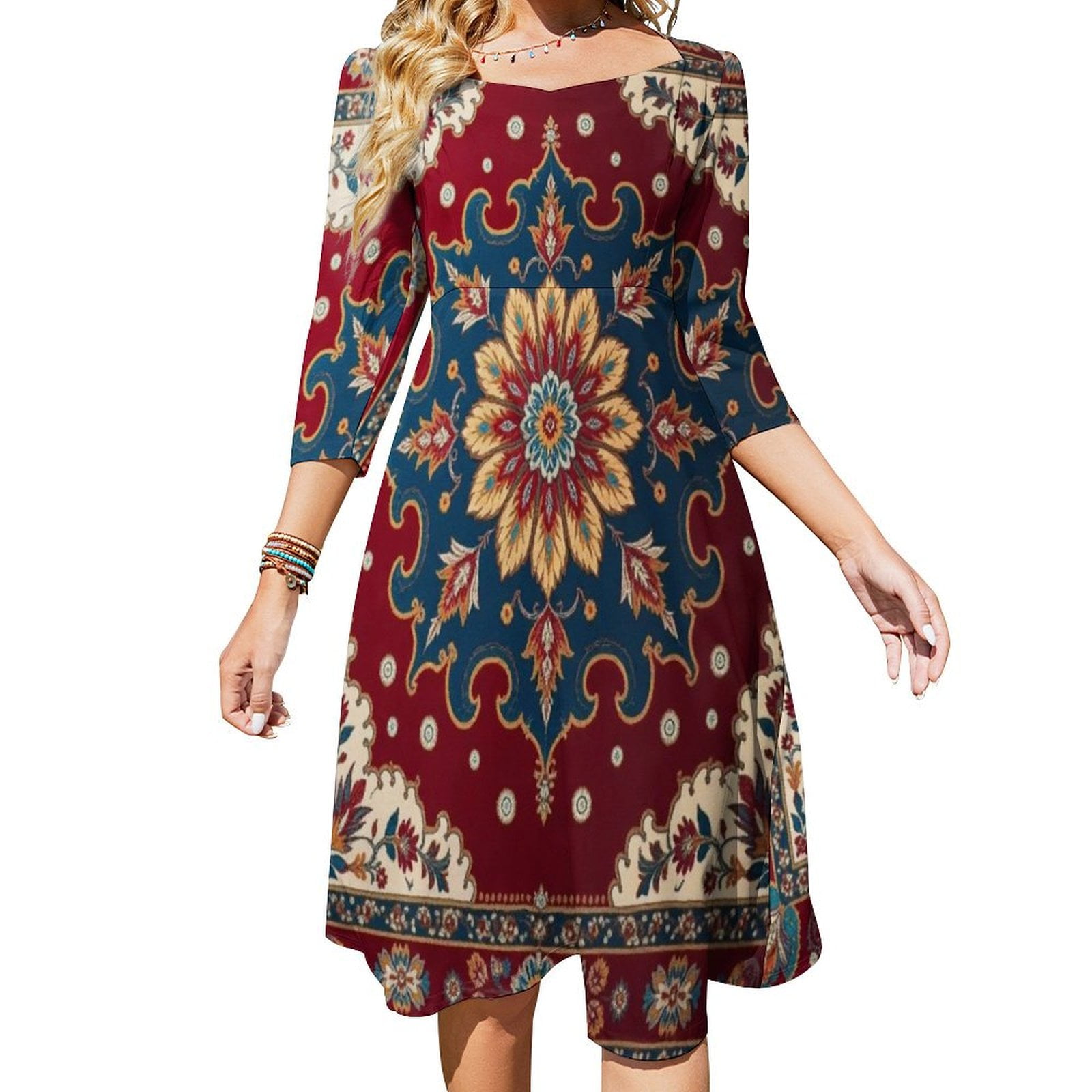 Colorful Floral Pattern Rug Women's 3/4 Sleeve Dresses Elegant A-Line ...