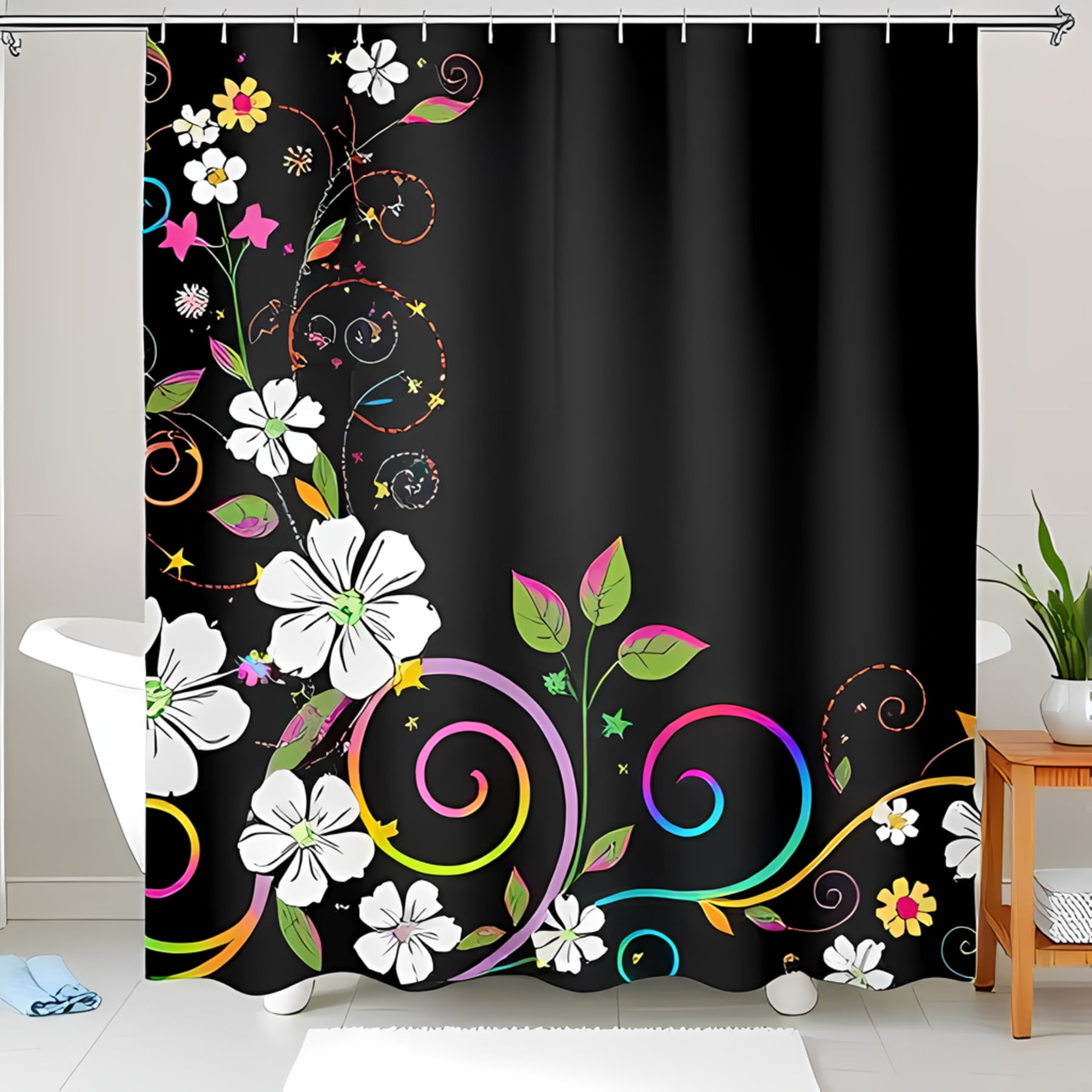 Colorful Floral Pattern Shower Curtain - Black Background with White ...