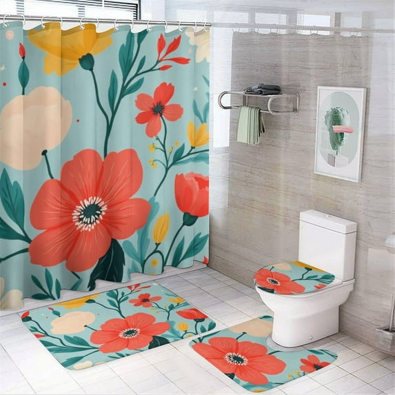 Colorful Floral Pattern Shower Curtain Sets Non-Slip Rugs Bath Mat ...