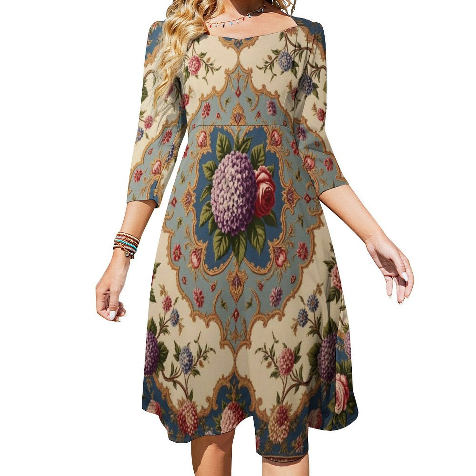 Colorful Floral Pattern Square Women's Fall Dresses Casual Loose Flowy ...