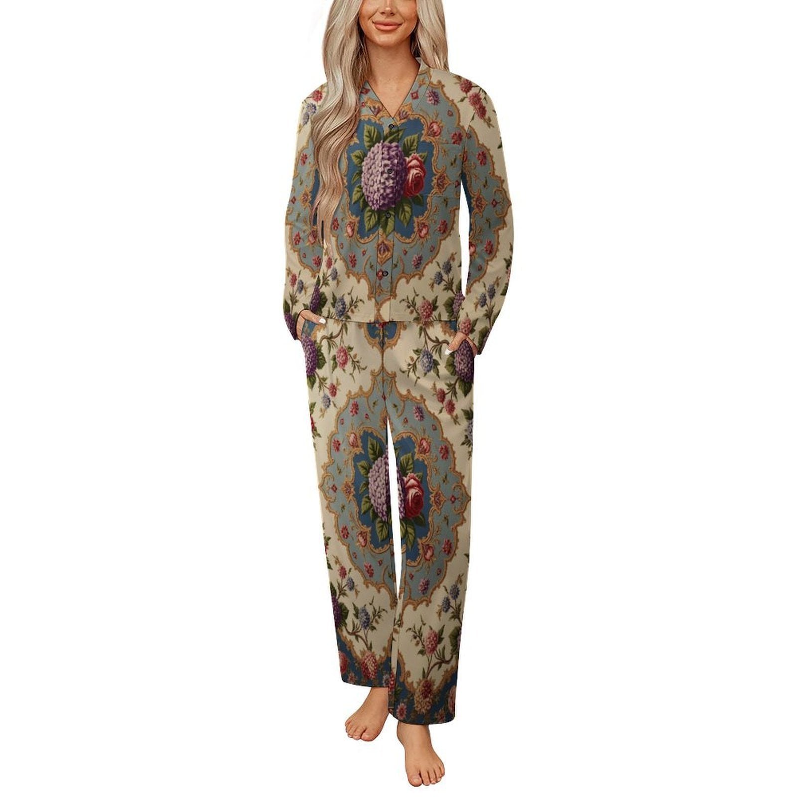 Colorful Floral Pattern Square Womens Pyjamas Set Button Up Pyjamas ...
