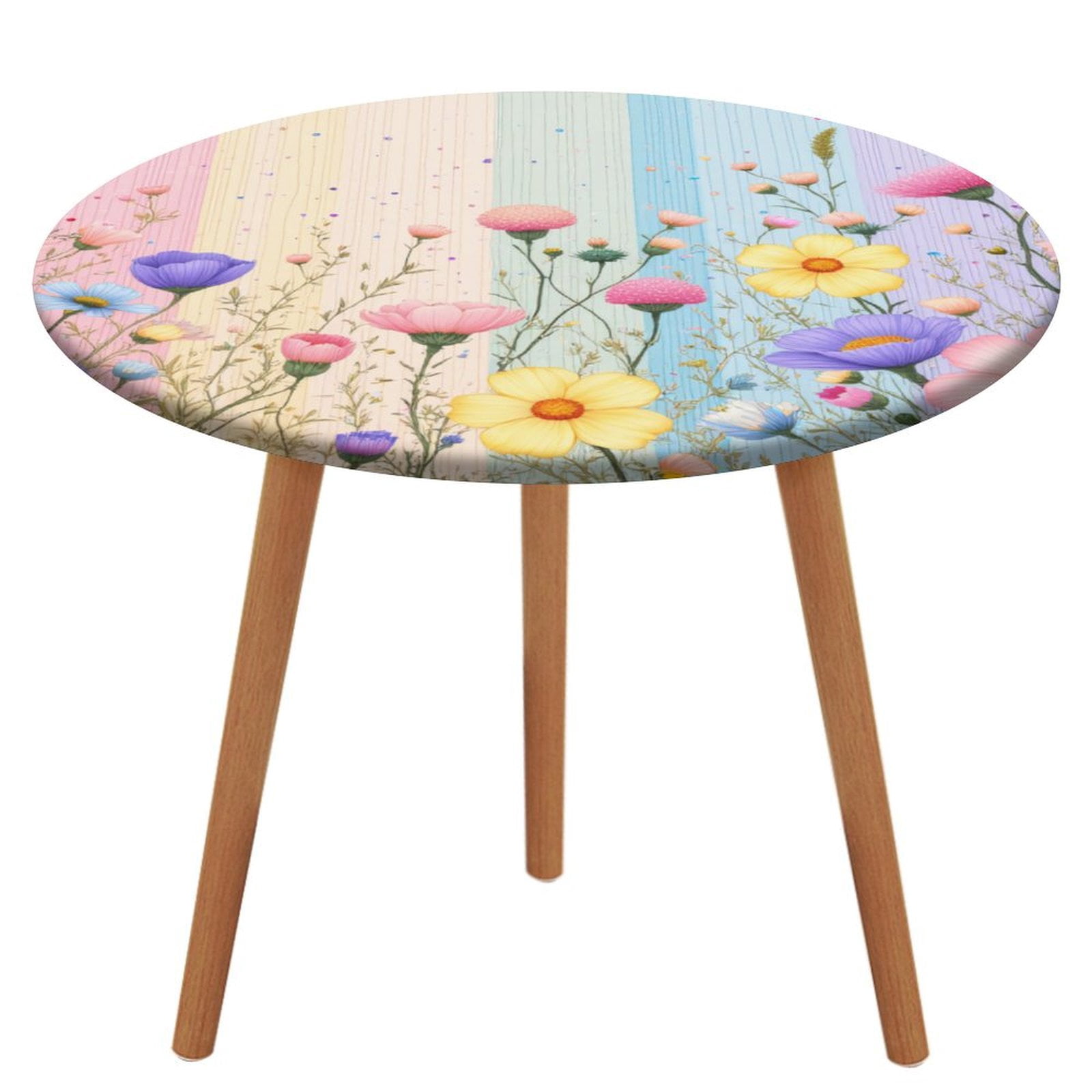 Colorful Floral Pattern on Striped Background Tablecloth Round Elastic ...