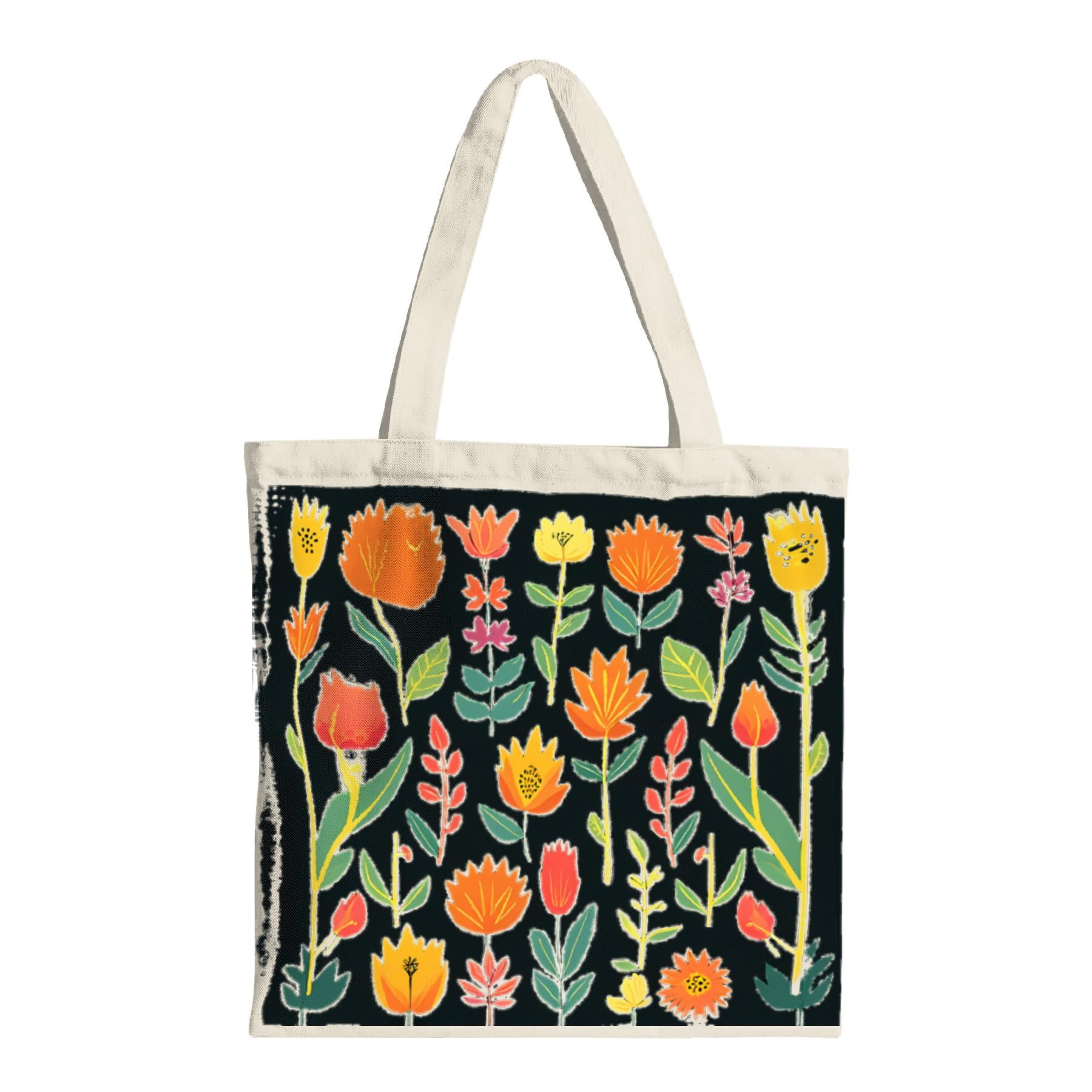 Colorful Floral Pattern Tote Bag - Black Background Whimsical Design ...