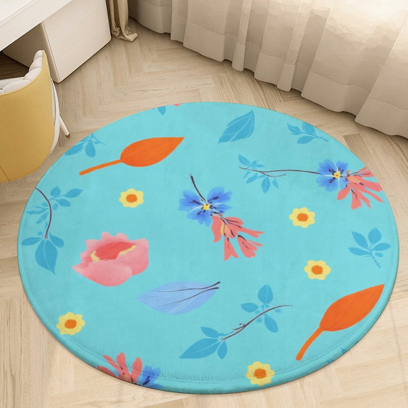 Colorful Floral Pattern on Blue Background Round Area Rugs for Bedroom ...
