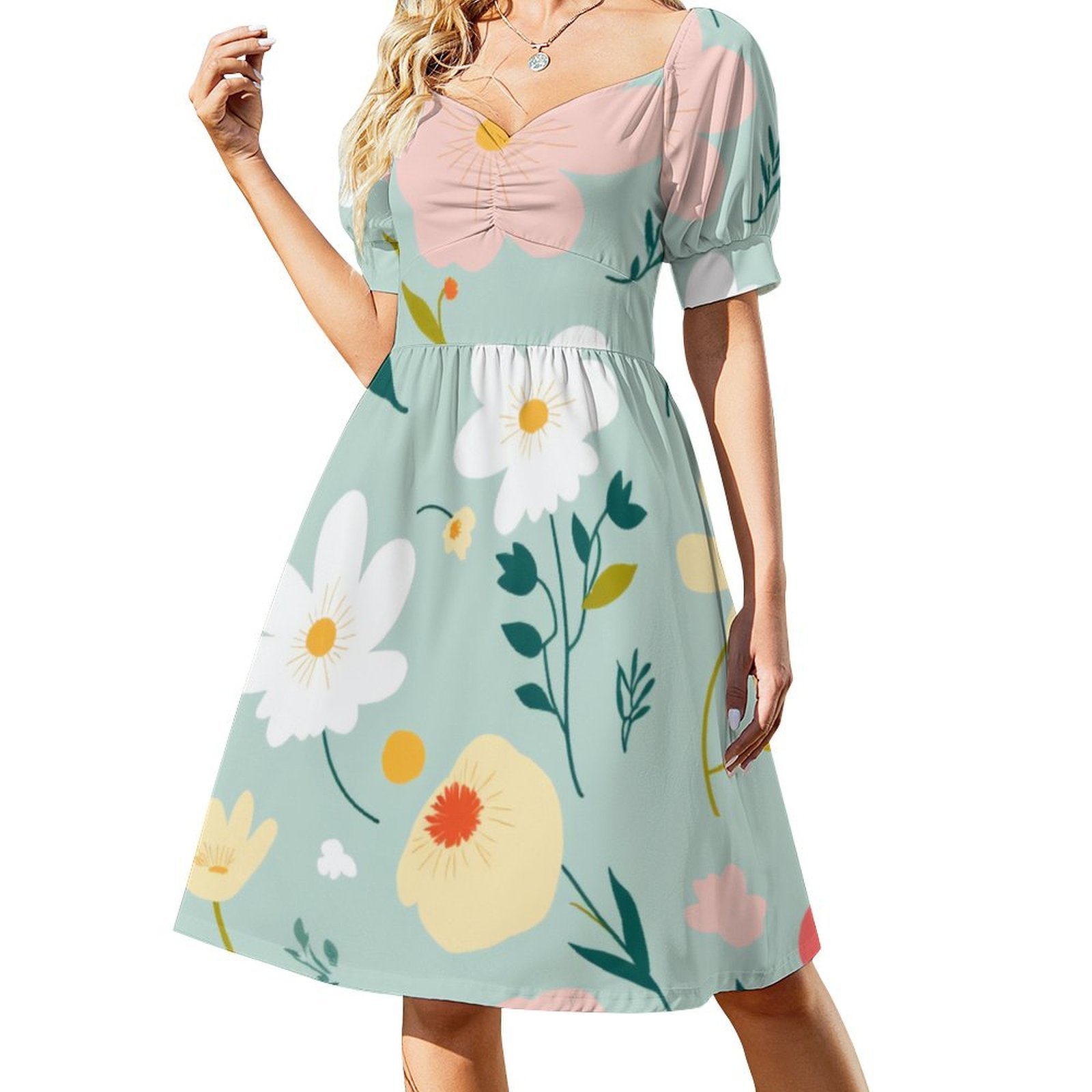 Colorful Floral Pattern on Light Blue Background Summer Women's Dress ...