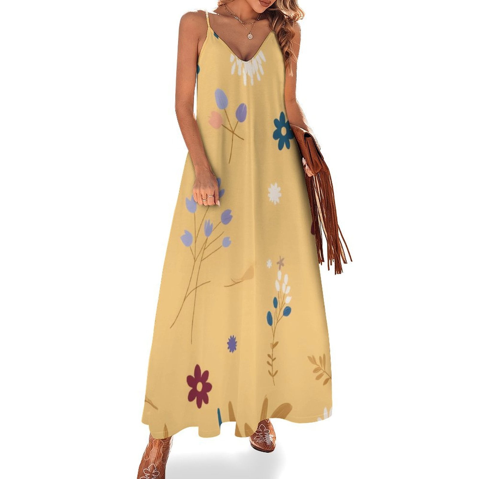 Colorful Floral Pattern on Yellow Background Design Sleeveless Dress Woman Fashion Long Dresses ...
