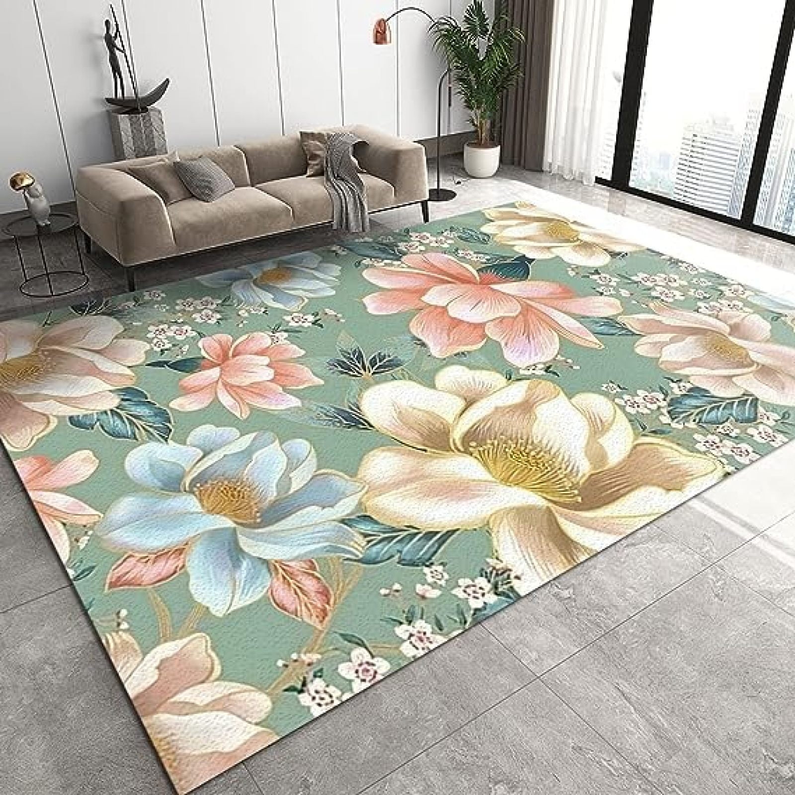 Colorful Floral Peach Area Rug, Modern Minimalist Art Living Room Rug ...