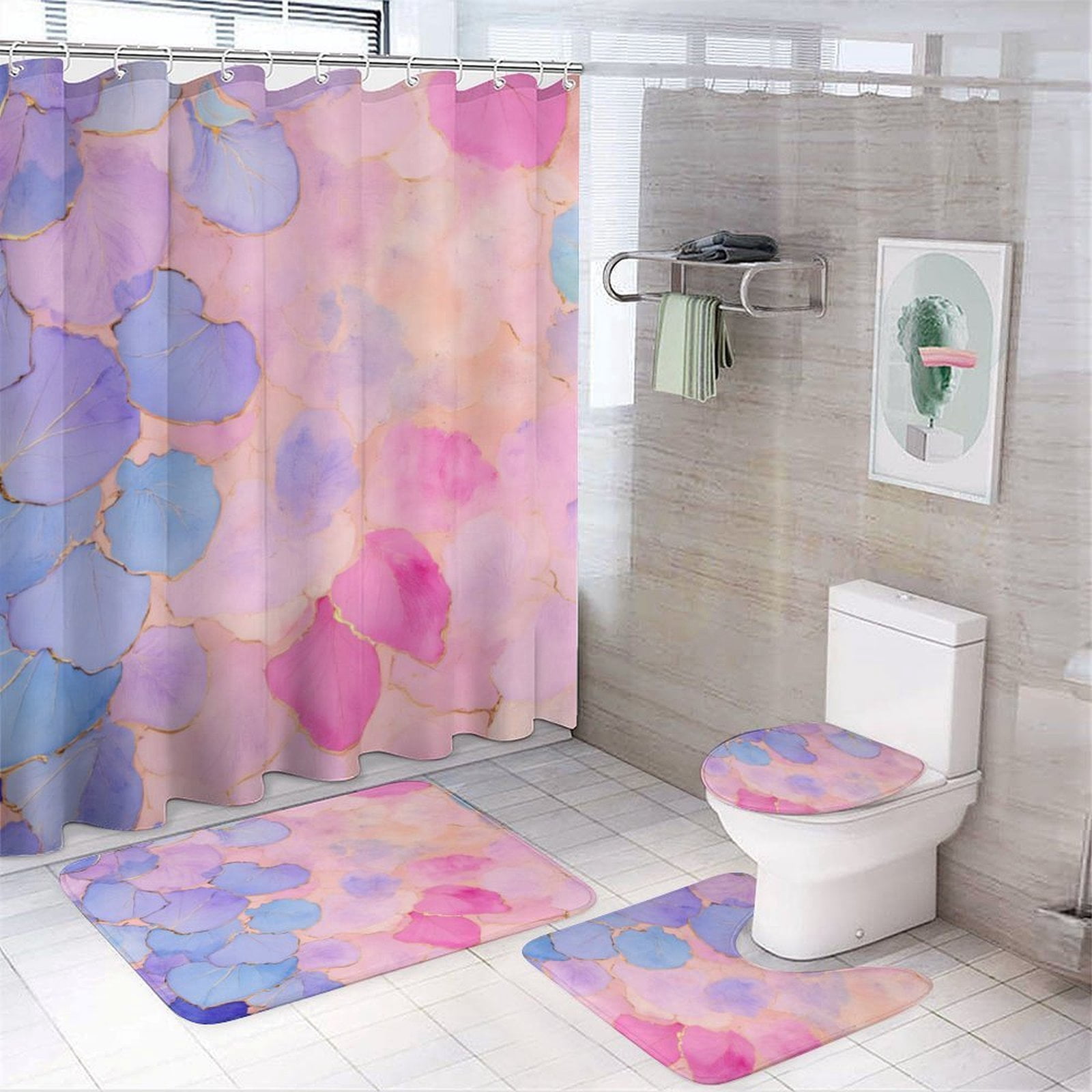 Colorful Floral Petals Art Print Shower Curtain Sets Non-Slip Rugs Bath ...