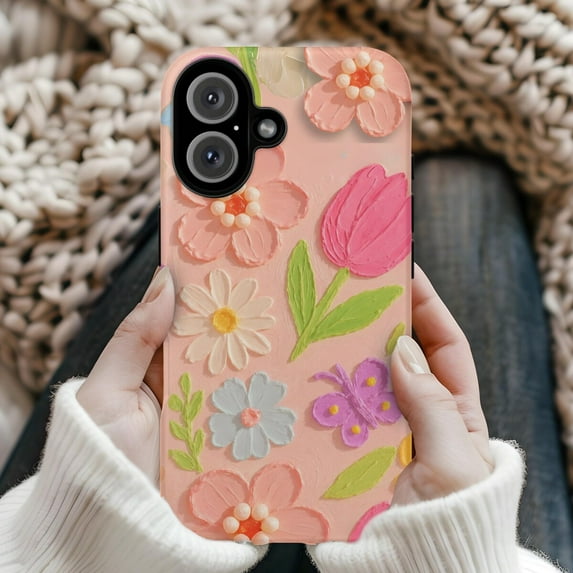 Colorful Floral Phone Case with a Girly Pink Tulip and Daisy Garden ...