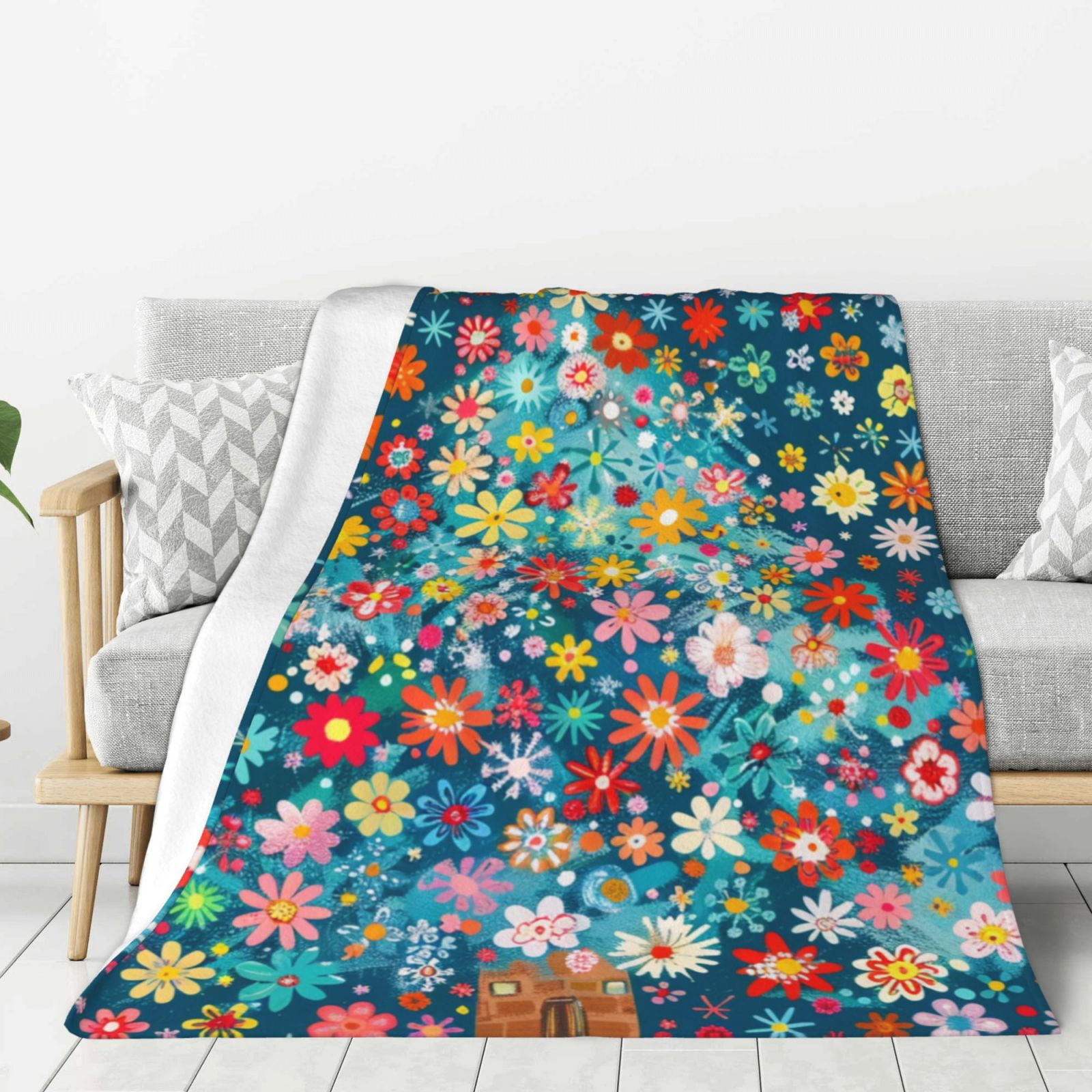 Colorful Floral Print Christmas Tree Throw Blanket for Winter Cabin ...