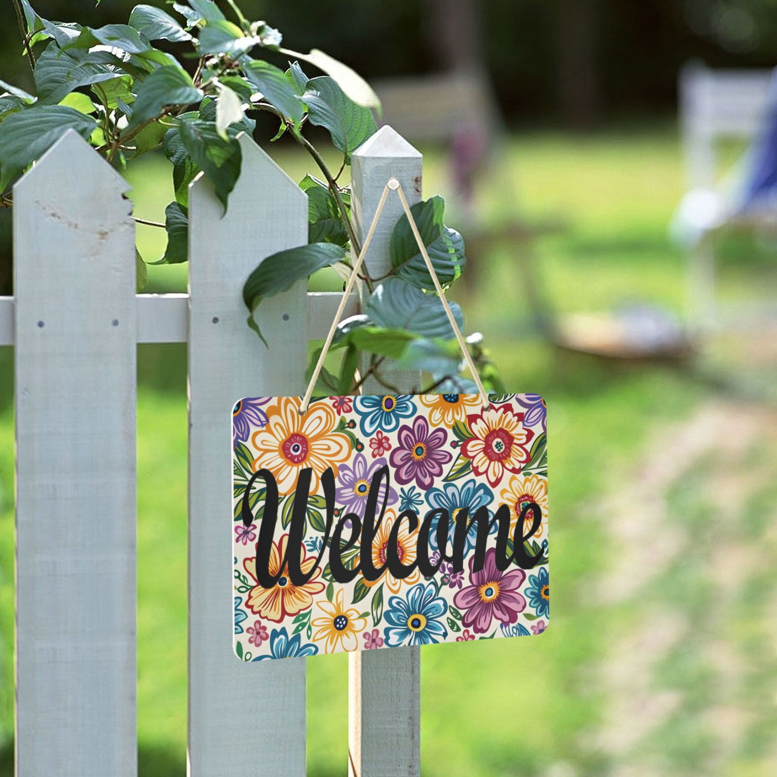 Colorful Floral Print Flowers Welcome Sign for Front Door Porch Wreath ...