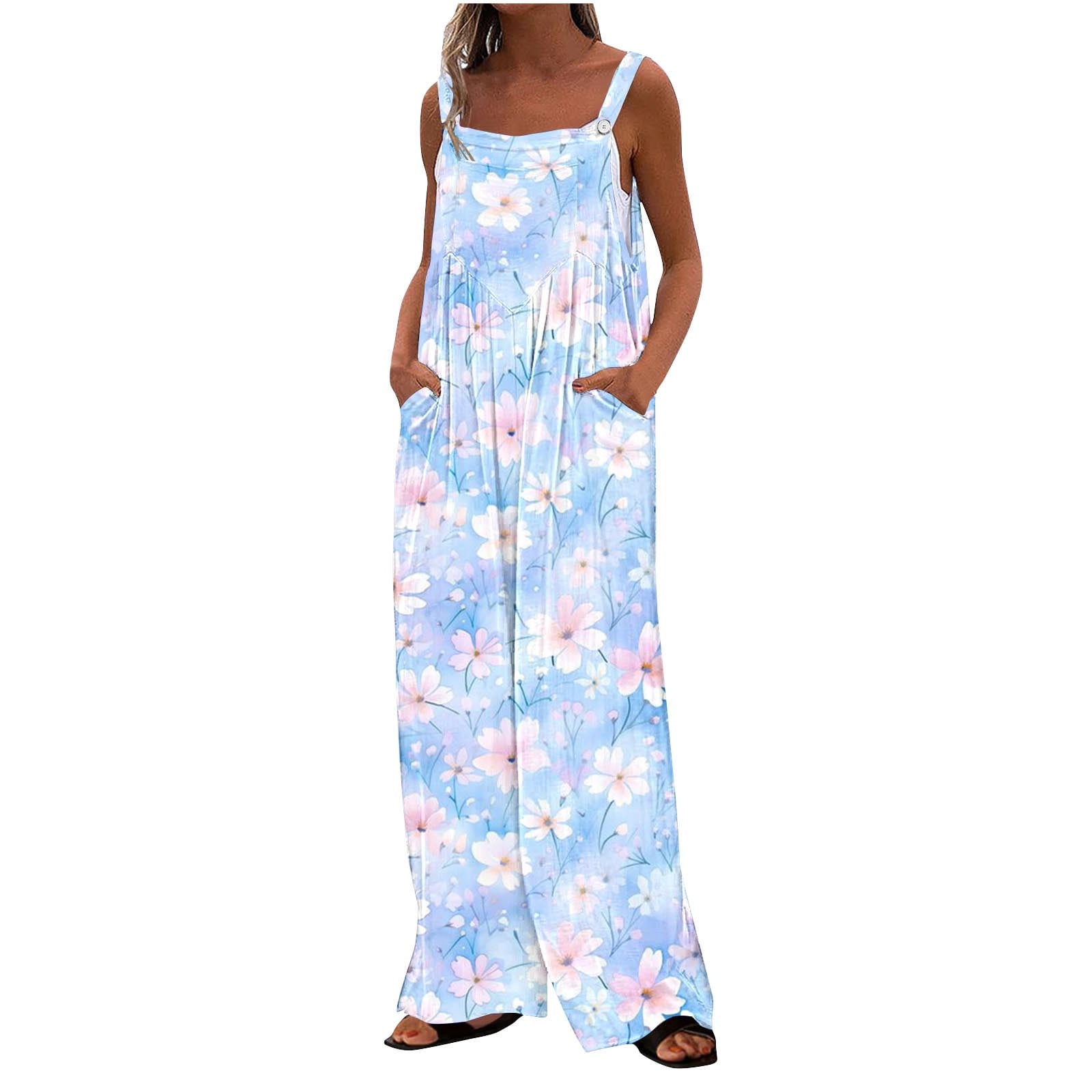 Colorful Floral Print Loose Fit Jumpsuits for Women Fall Summer Faux ...