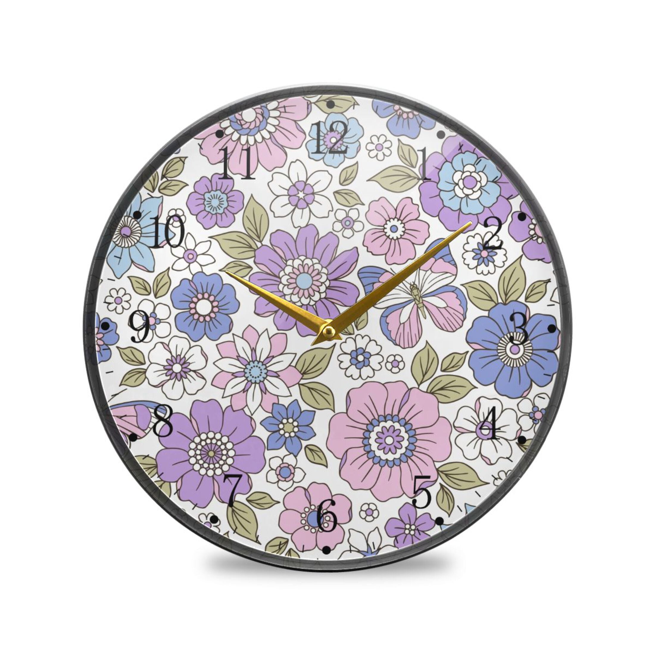 Colorful Floral Purple Flowers Acrylic Wall Clocks Quiet Round Clock ...