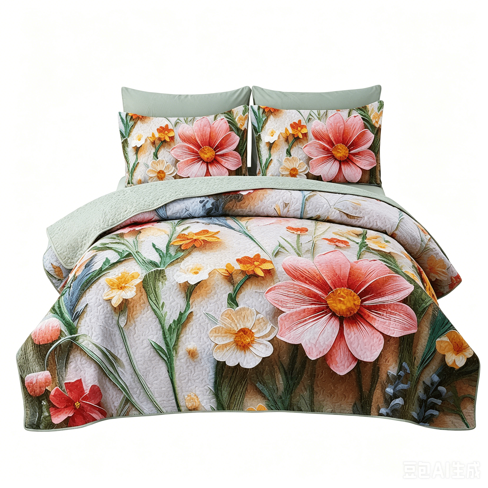 Colorful Floral Quilted Bedspread Set with 2 Pillow Shams, Vintage ...
