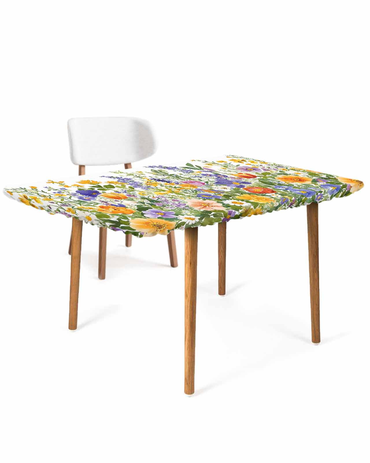 Colorful Floral Rectangle Tablecloth, Waterproof Elastic Fitted Table ...