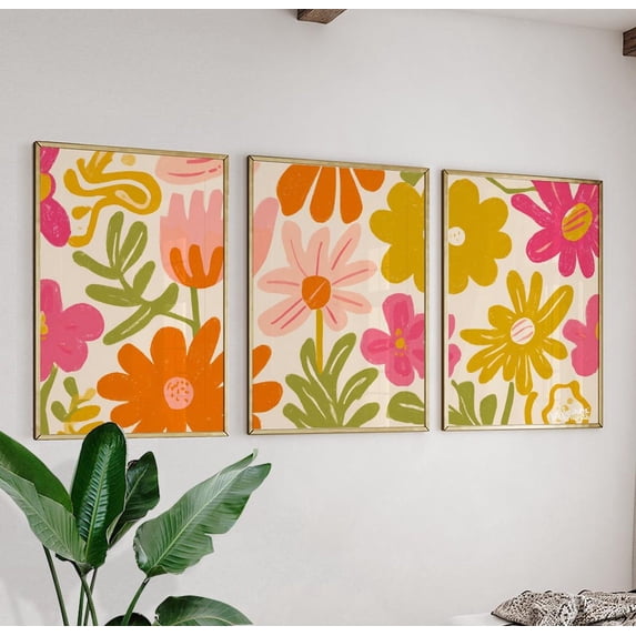 Colorful Floral Retro Flower Triptych Botanical Decor Art Set 3 ...