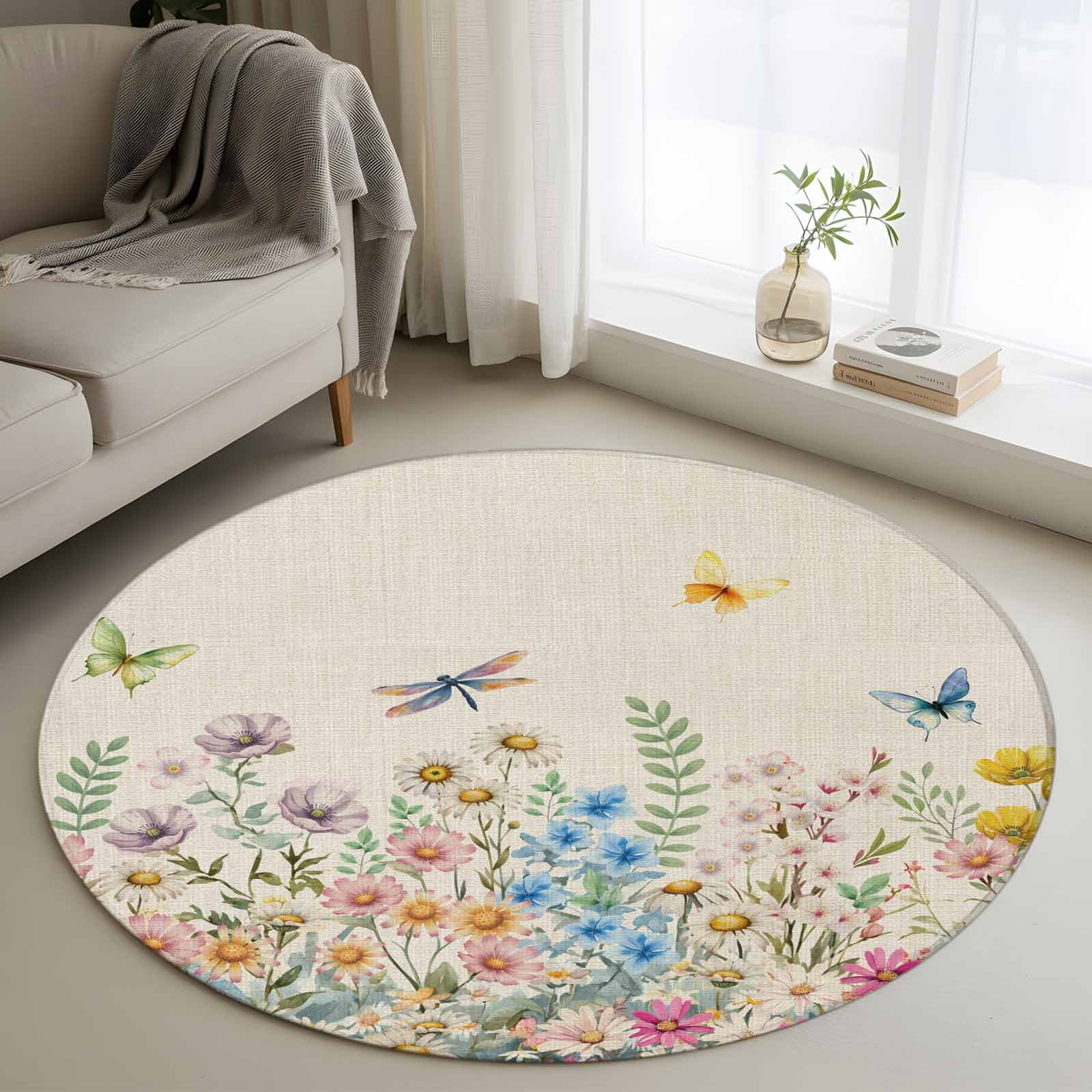 Colorful Floral Round Rug 4ft Washable Circle Entryway Rugs Non Slip ...