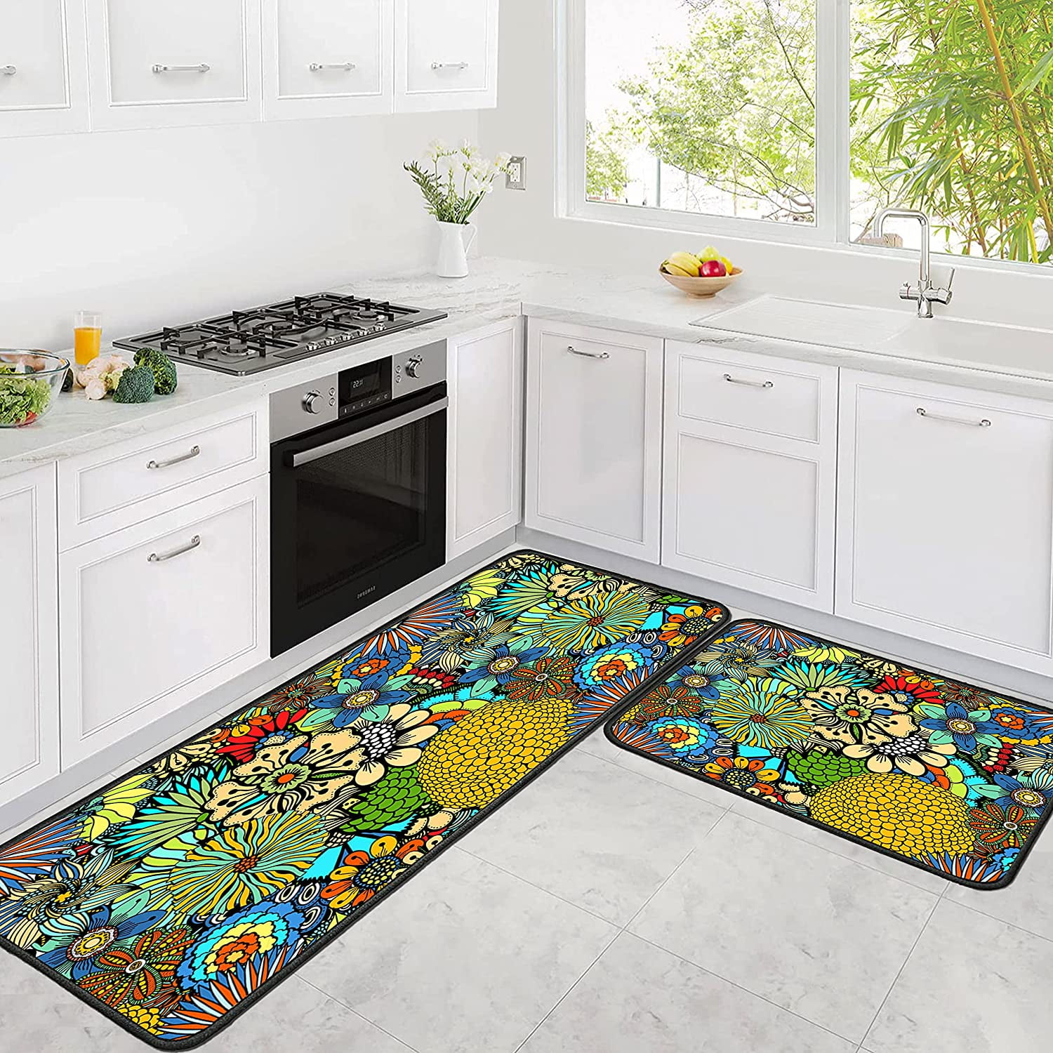 Colorful Floral Rug for Kitchen Mats for Floor 2 Piece, Anti Fatigue ...