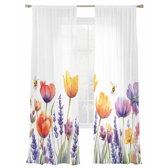 Colorful Floral Sheer Curtains 2 Panels Set Spring Flowers Lavender ...