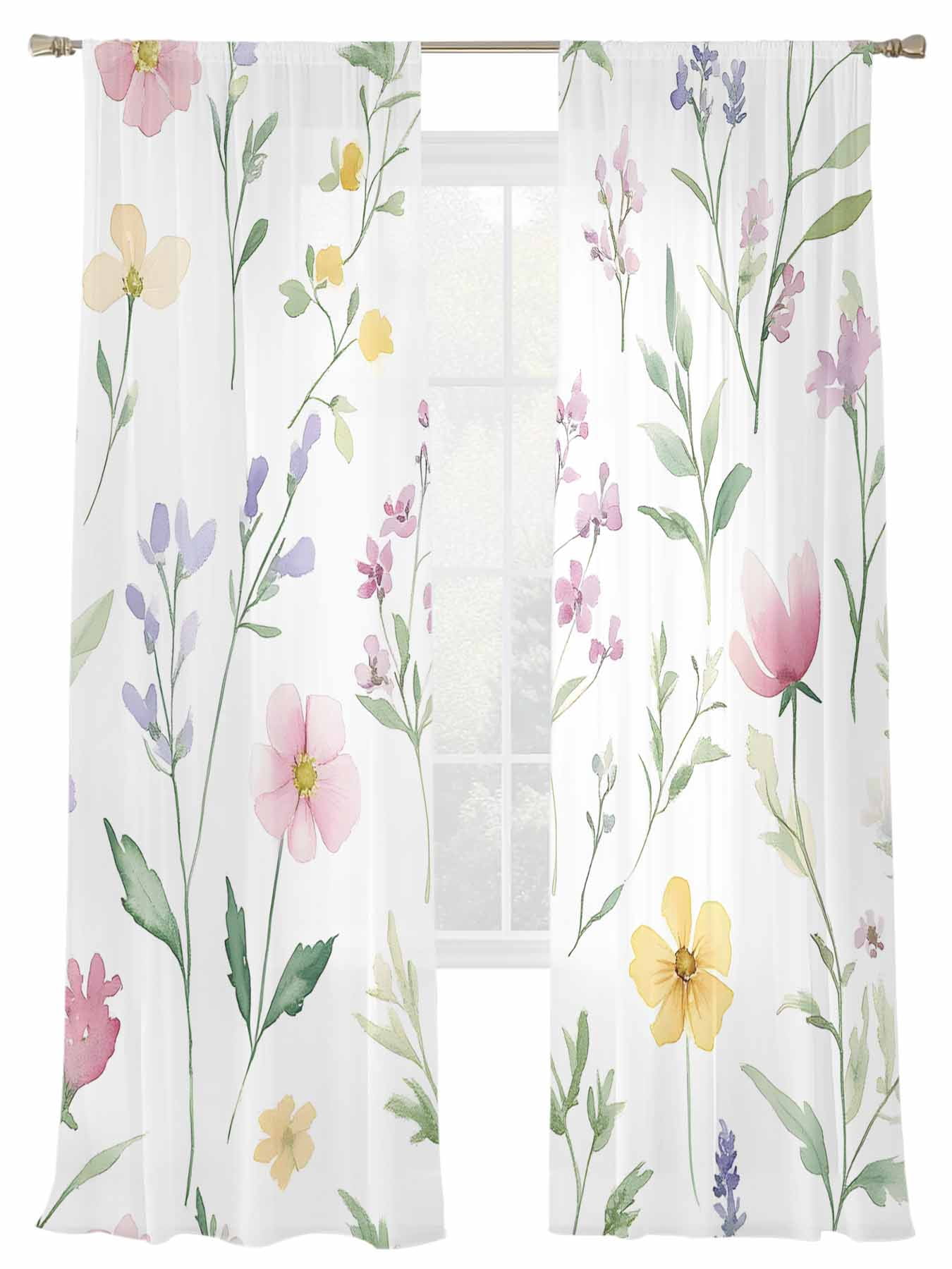 Colorful Floral Sheer Curtains 2 Panels Set Spring Pink Purple Flower ...