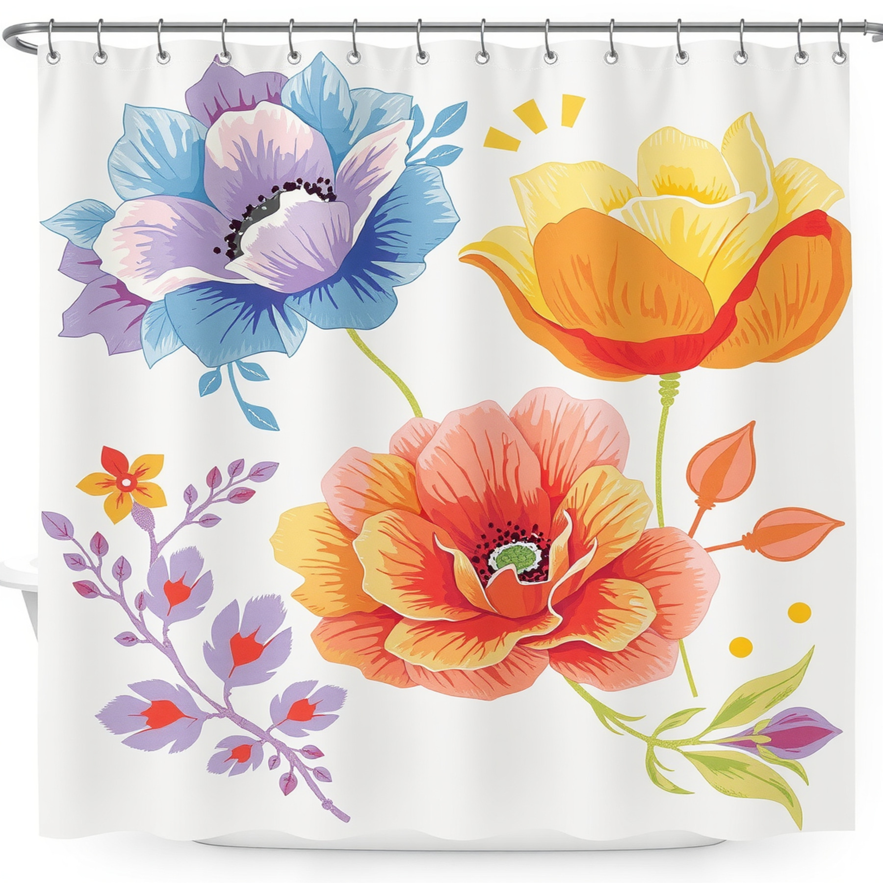 Colorful Floral Shower Curtain - Bright Orange Lavender Yellow Flowers ...