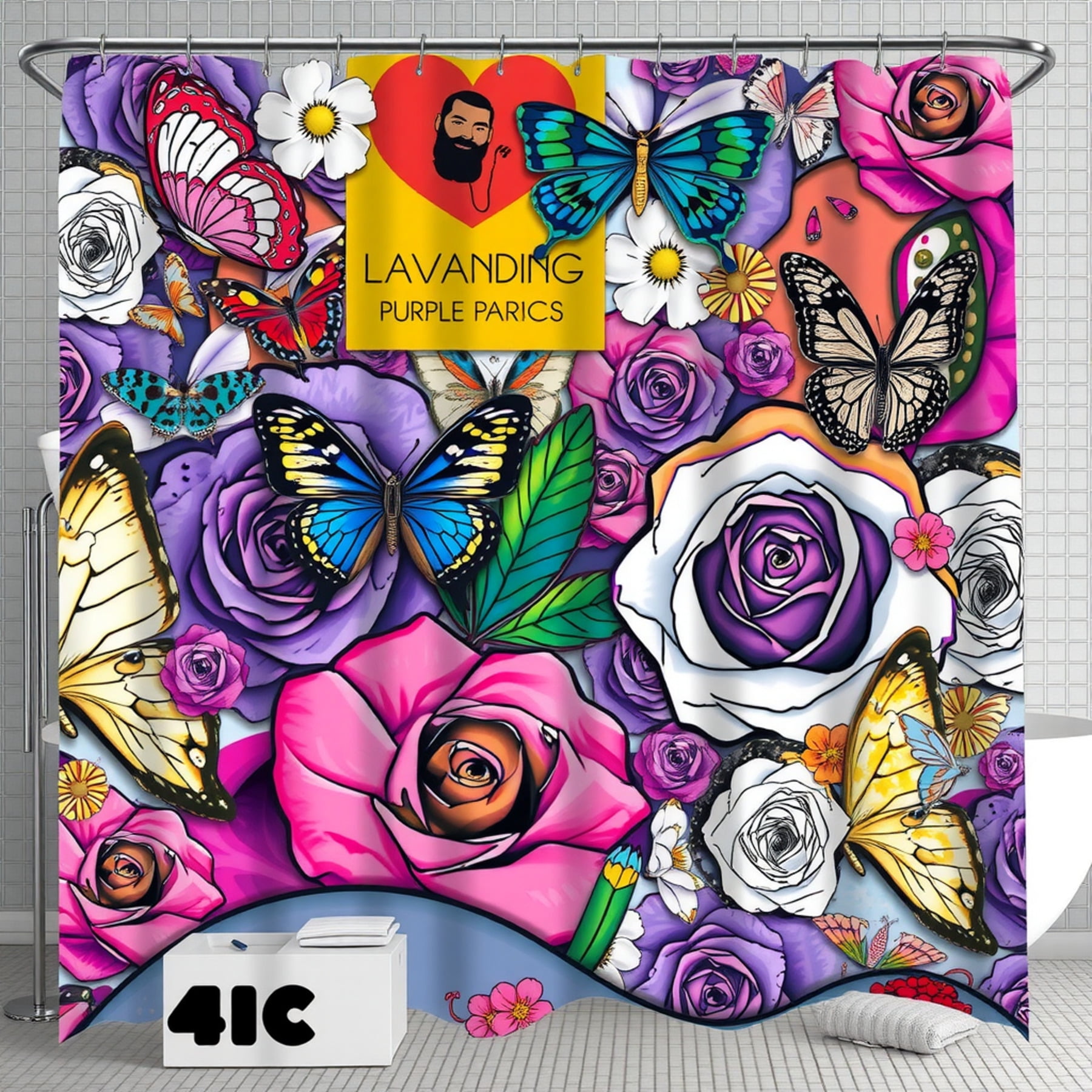 Colorful Floral Shower Curtain with Butterflies & Bearded Man Heart ...