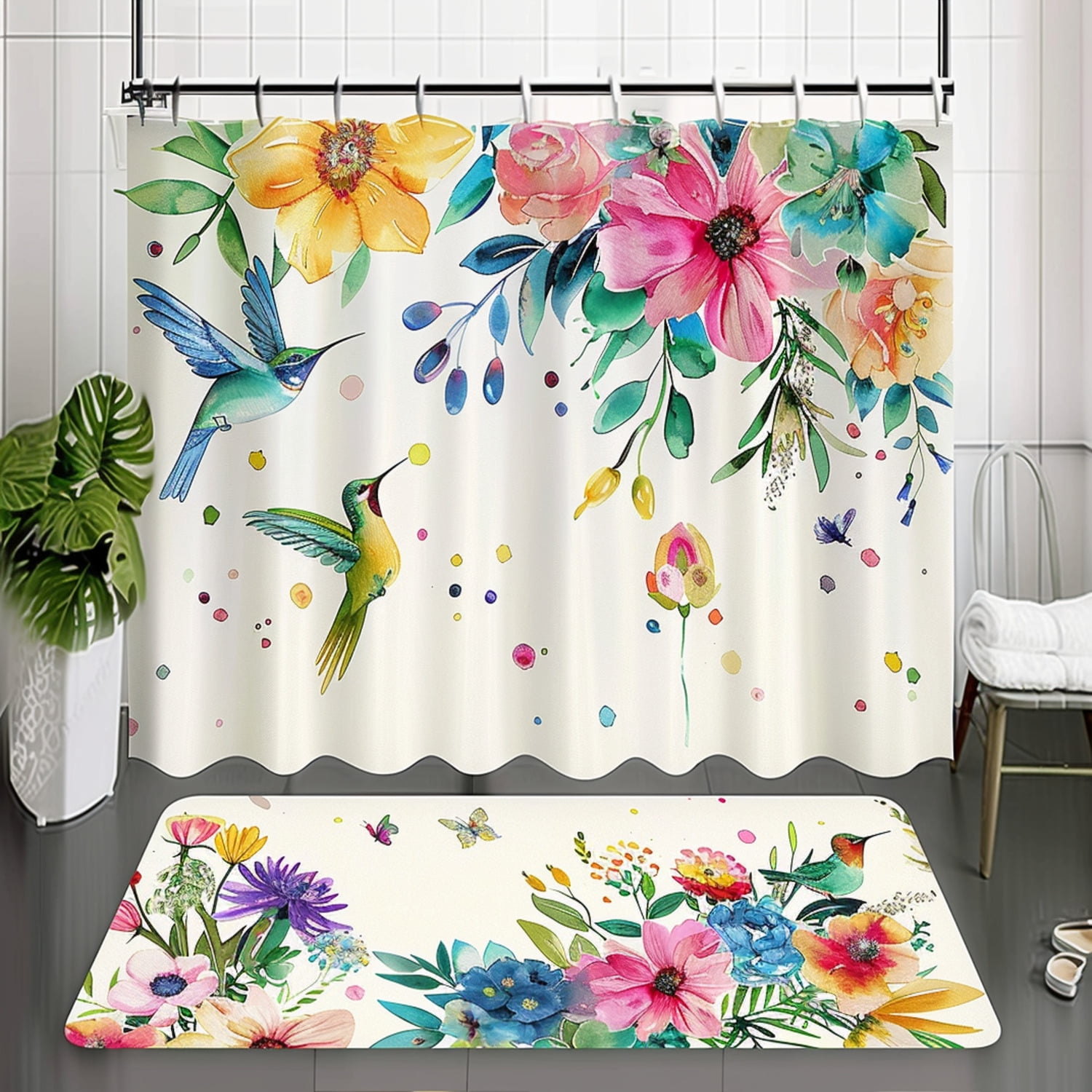 Colorful Floral Shower Curtain With Hummingbirds And Watercolor Flowers