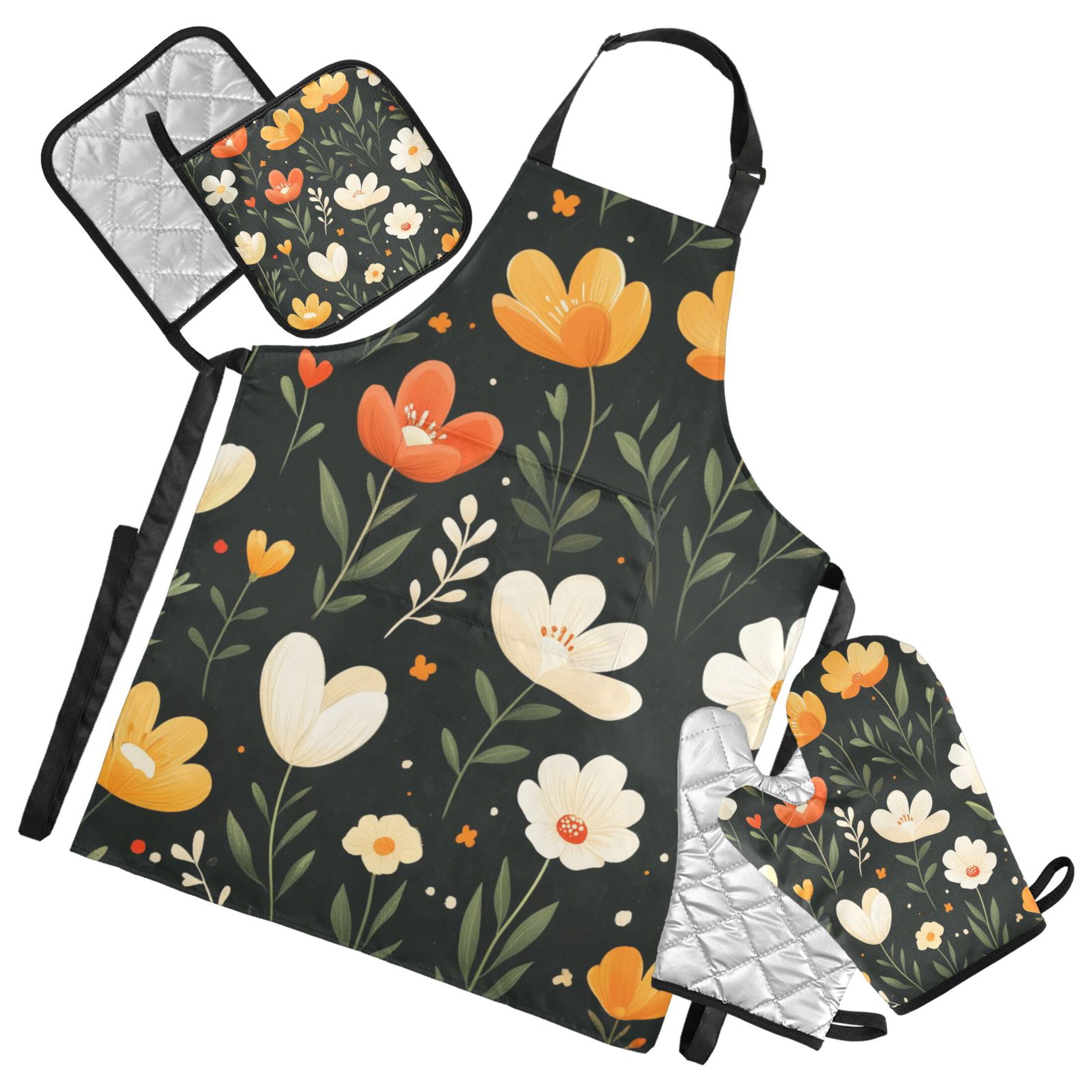 Colorful Floral Simple Oven Mitts and Pot Holders with Chef Apron Set 5 ...