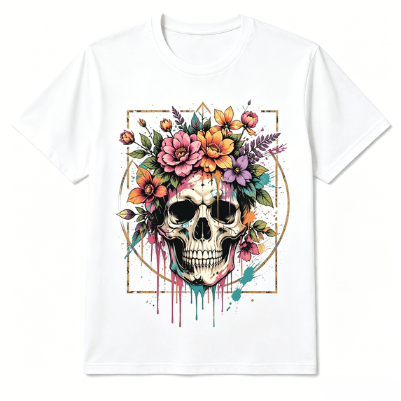 Colorful Floral Skull Graphic T-Shirt Vibrant Paint Drip Splash Wild ...