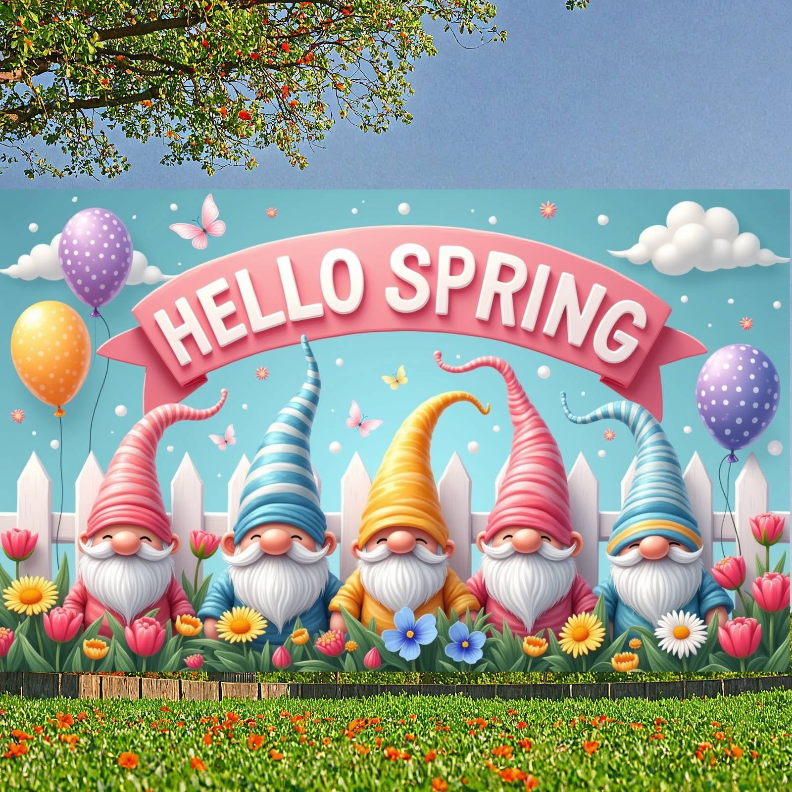 Colorful Floral Spring Banner Butterfly Pattern Floral Backdrop Gnome ...