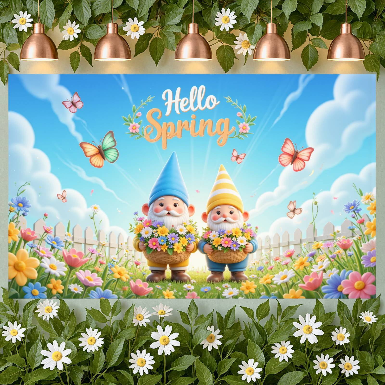 Colorful Floral Spring Banner Butterfly Pattern Floral Backdrop Gnome ...
