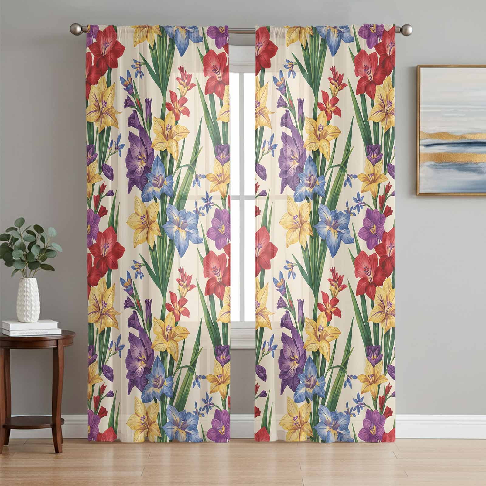 Colorful Floral Spring Sheer Curtains 63 Inch Length 2 Panels Set ...