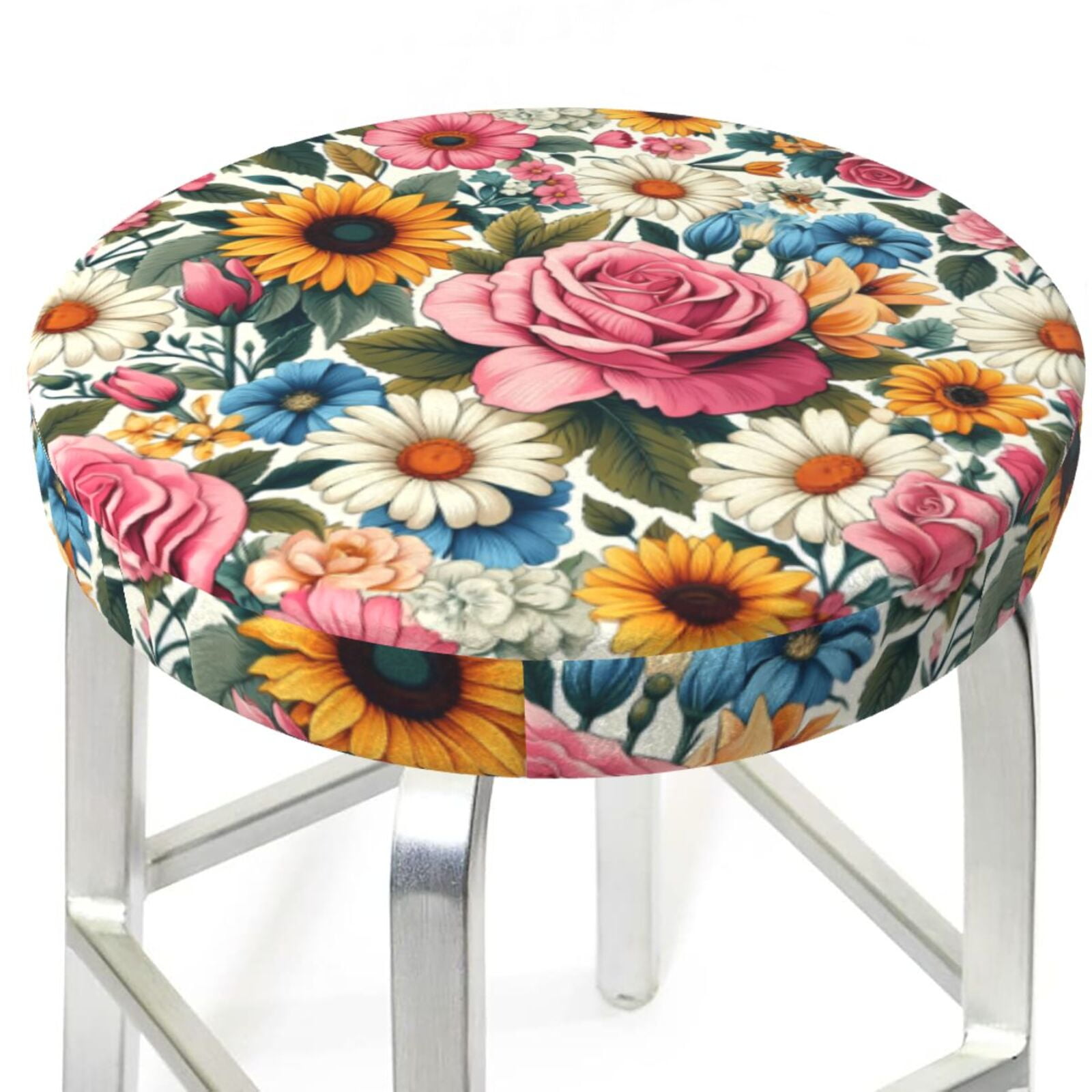 Colorful Floral Sunflower Daisy Round Bar Stool Covers, Soft Velvet Bar ...