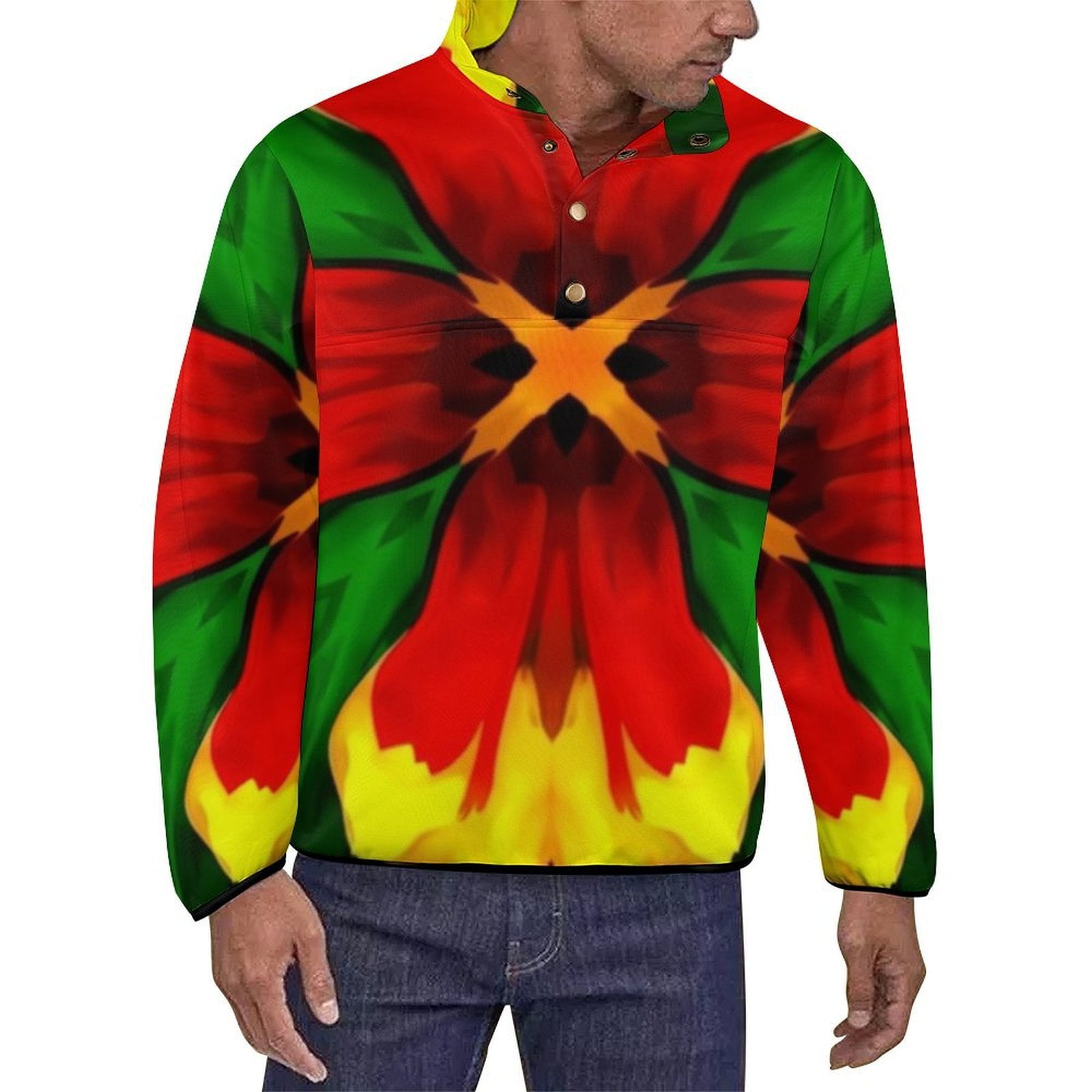 Colorful Floral Symmetrical Pattern Men's Stand Collar Sweater Long ...