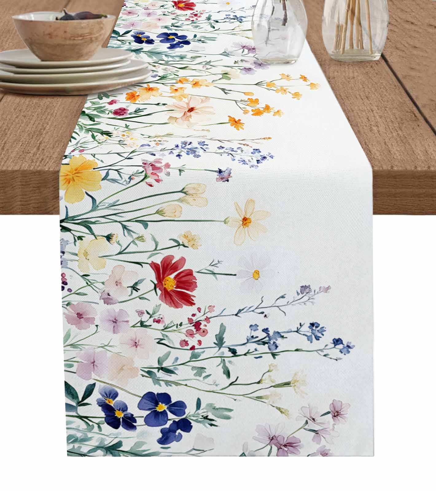 Colorful Floral Table Runner 72 Inches, Farmhouse Watercolor Flowers ...