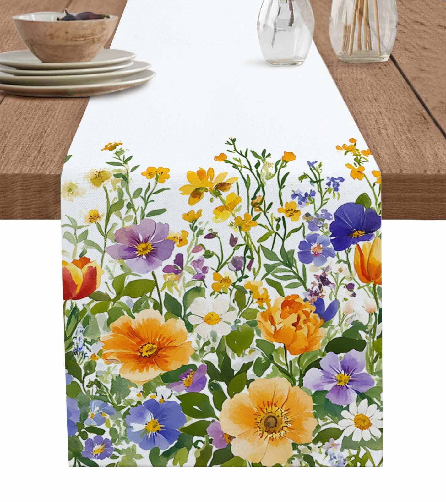 Colorful Floral Table Runner 90 Inches, Botanical Blossom Flowers Herbs ...