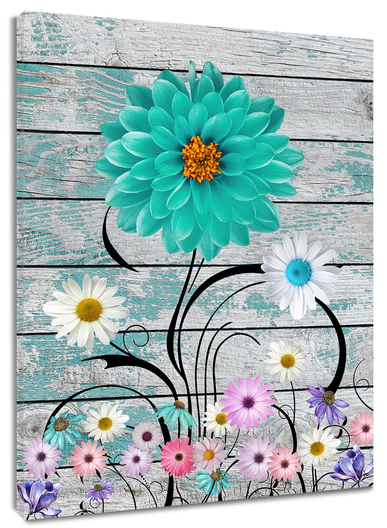 Colorful Floral Wall Art Teal Dahlia and Daisy with Black Leaf on Wood ...