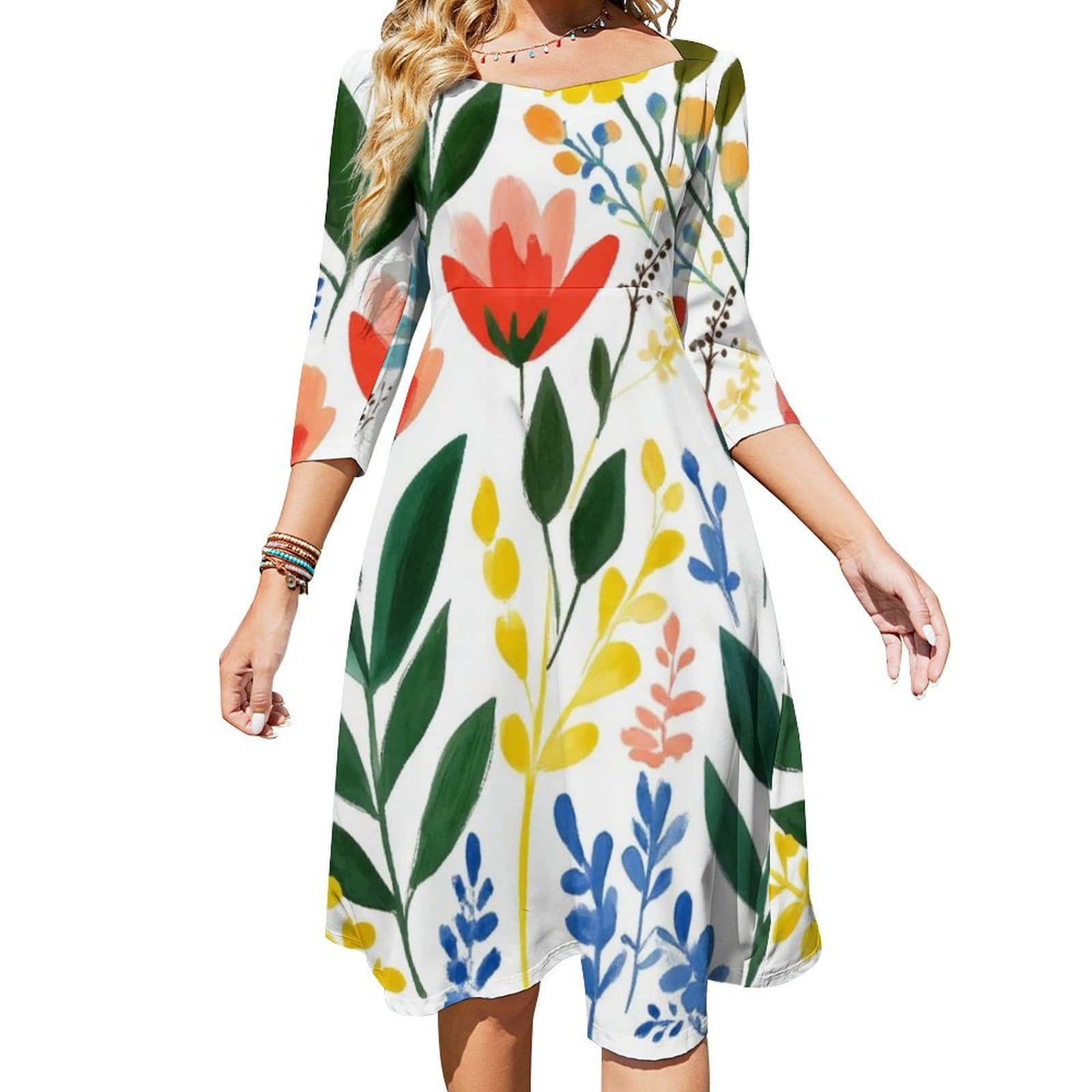 Colorful Floral Watercolor Painting Women's 3/4 Sleeve Dresses Elegant ...