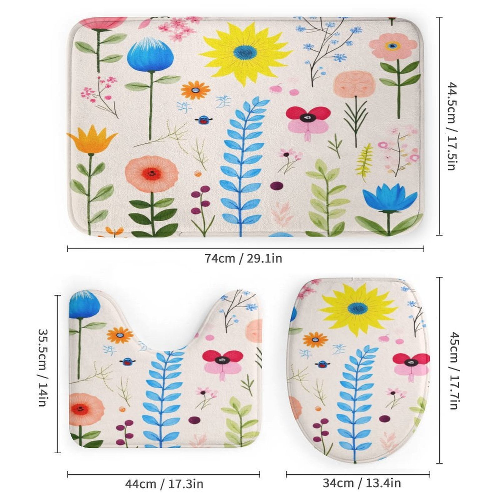 Colorful Floral Watercolor Pattern Bathroom Mats Sets 3 Piece, Bath Mat ...