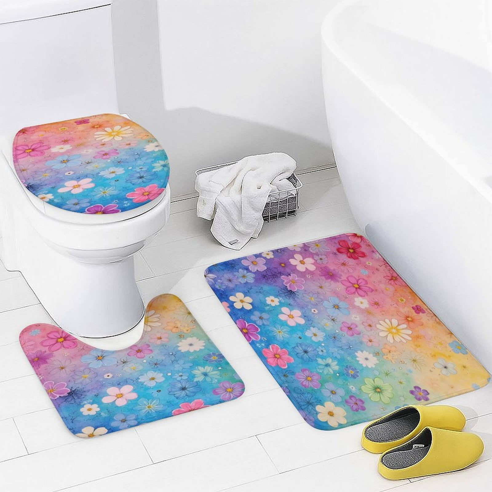 Colorful Floral Watercolor Pattern Bathroom Mats Sets 3 Piece, Bath Mat ...