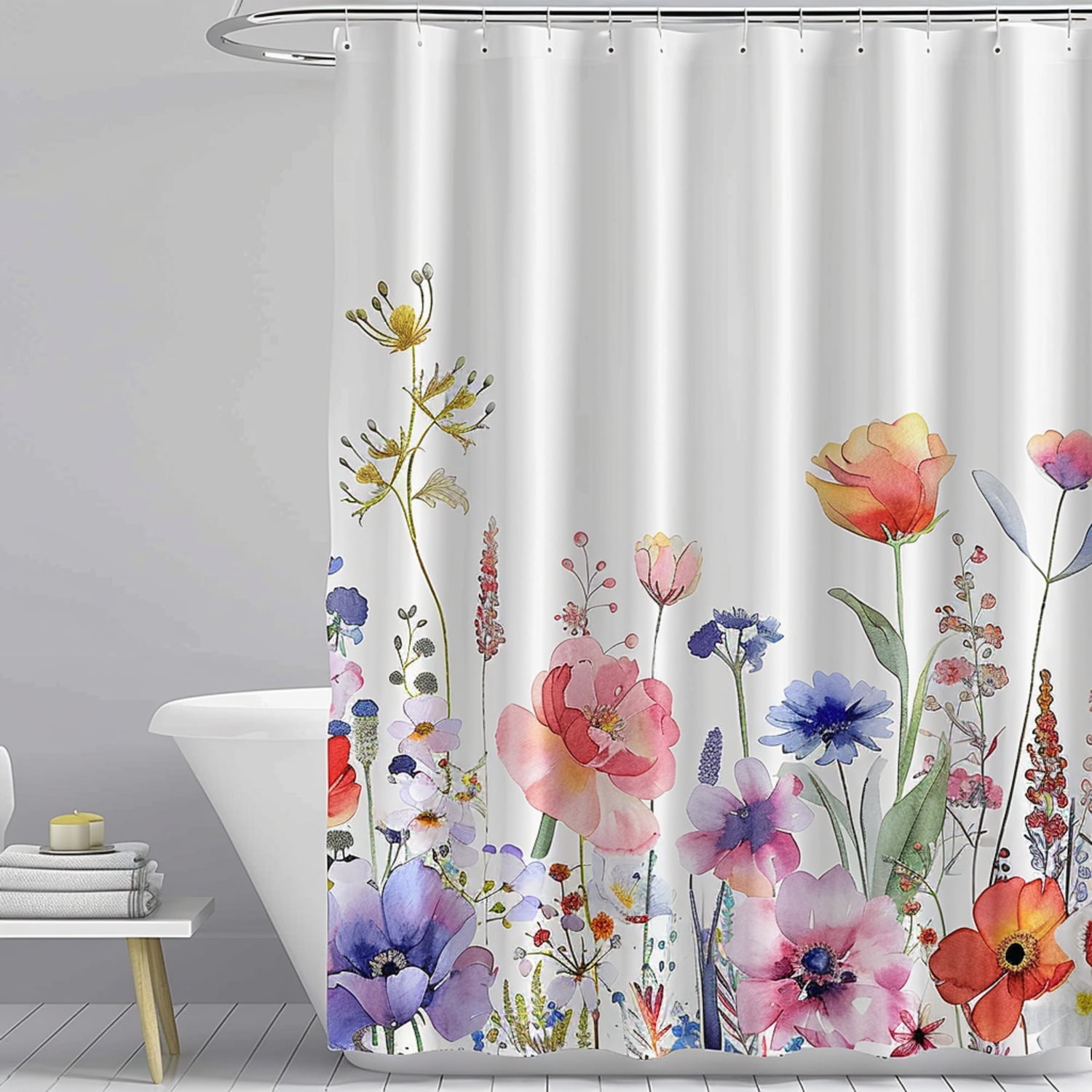 Colorful Floral Watercolor Shower Curtain With Pink Roses Blue