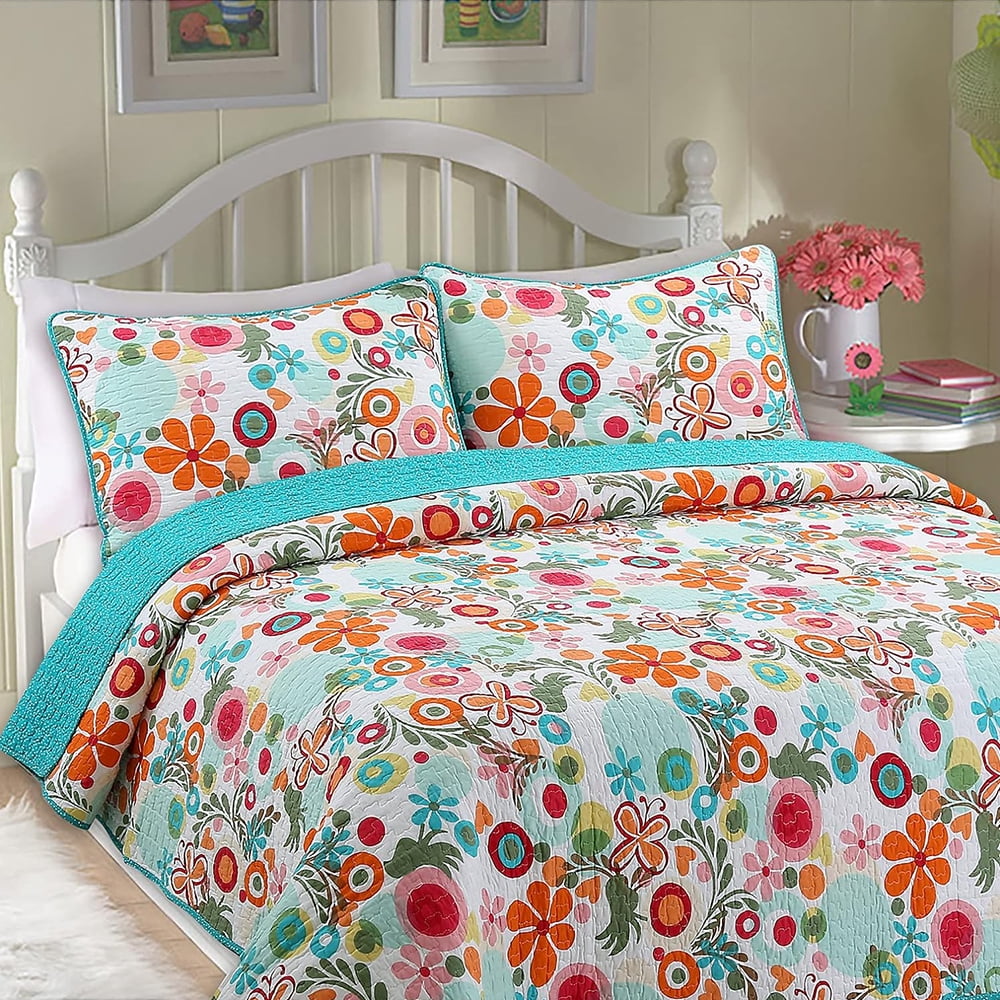 Colorful Floral Whimsy Cotton Comforter Set, Reversible Quilt Bedding ...
