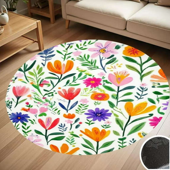 Colorful Floral White Background Pattern Round Carpet Living Room ...