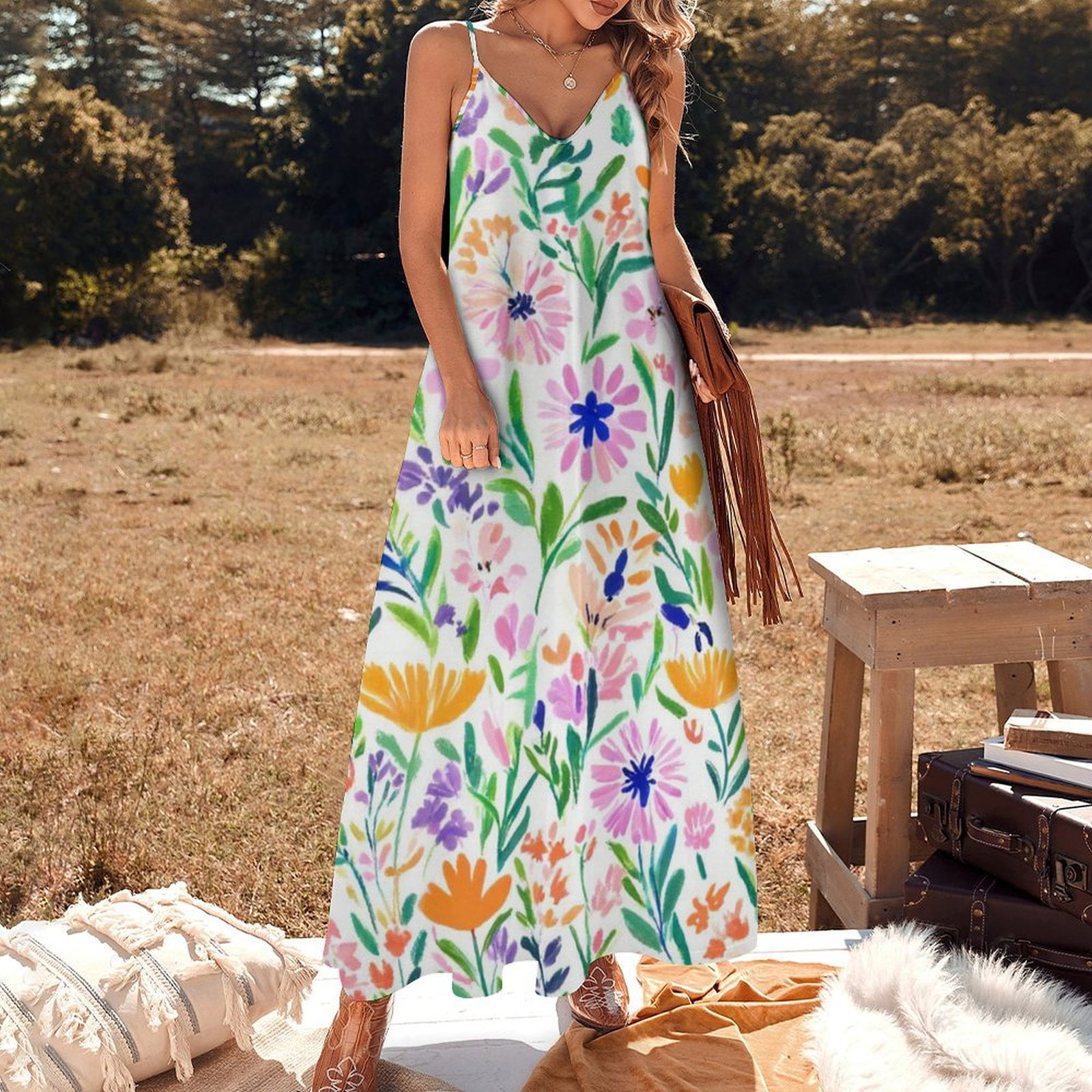 Colorful Floral White Background Pattern Sleeveless Dress women formal ...