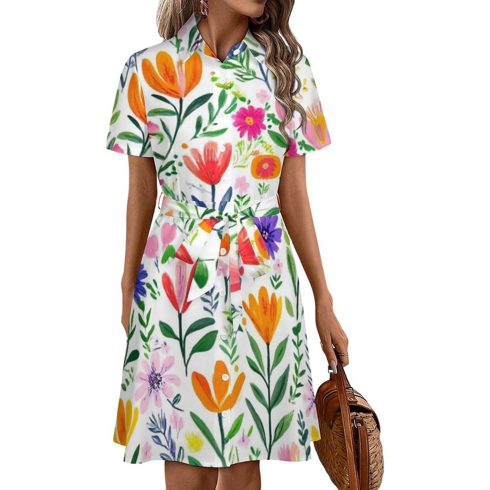 Colorful Floral White Background Pattern Womens Shirt Dresses Women'S ...