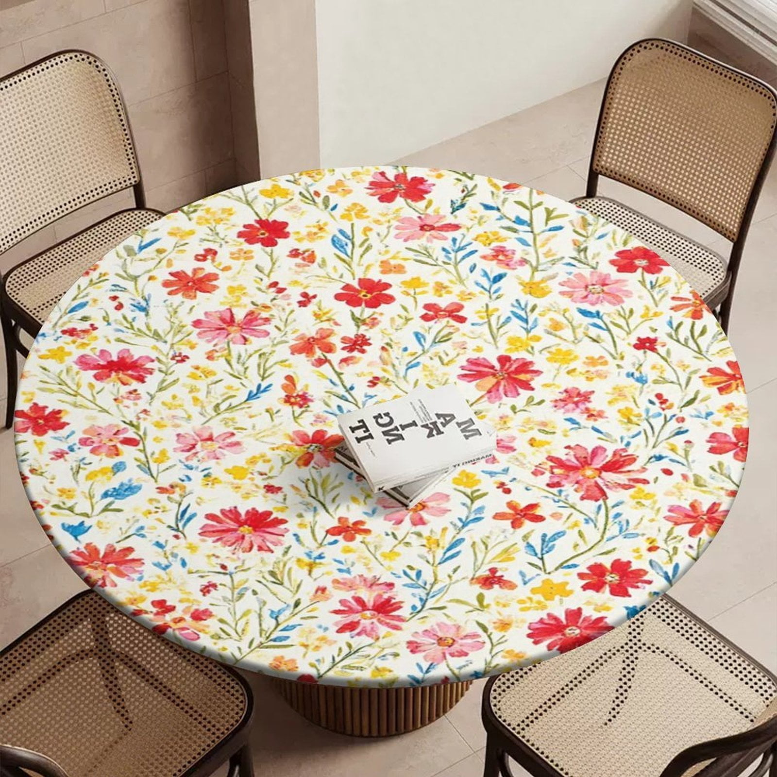 Colorful Floral White Background Print Round Table Cover Kitchen ...