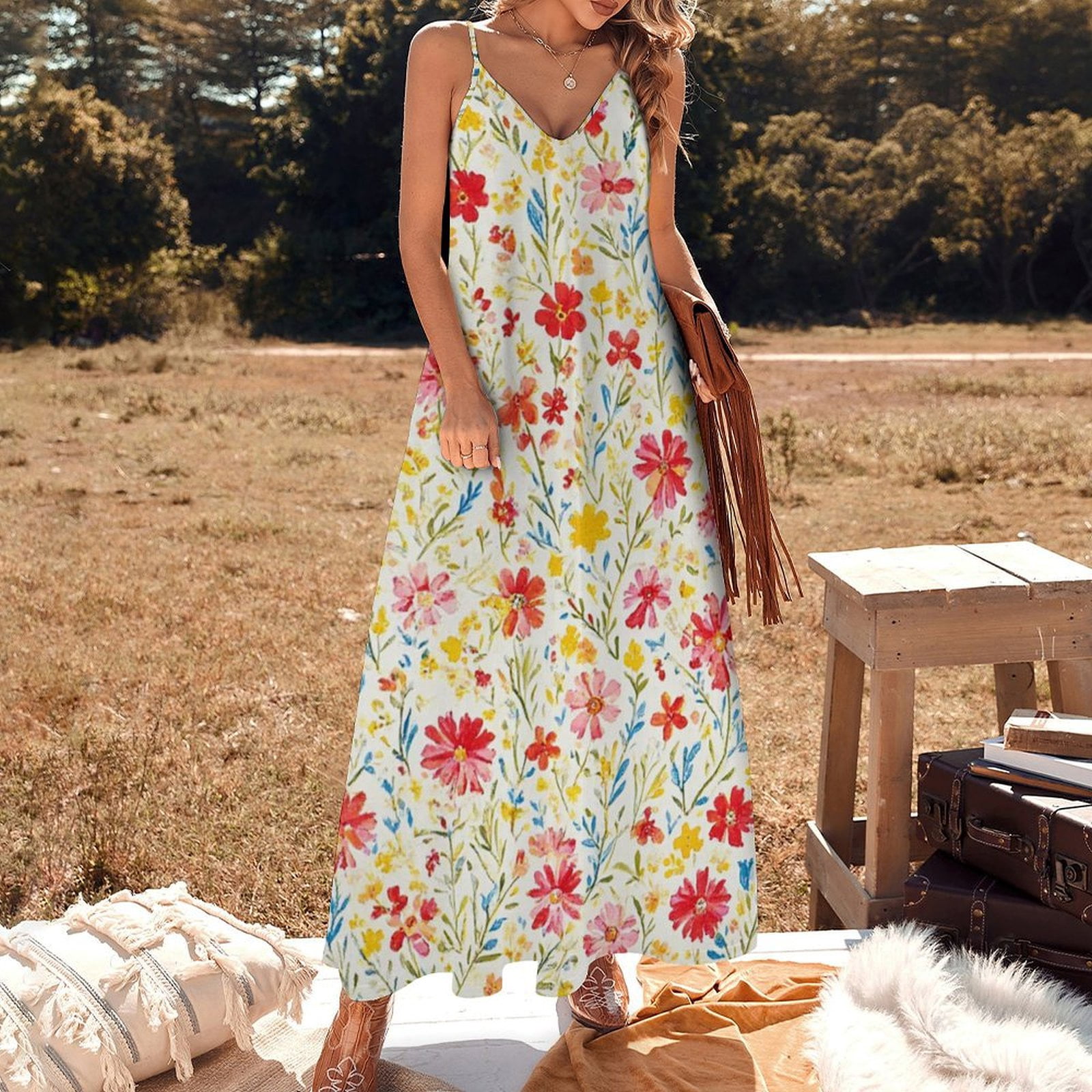 Colorful Floral White Background Print Sleeveless Dress dresses summer ...