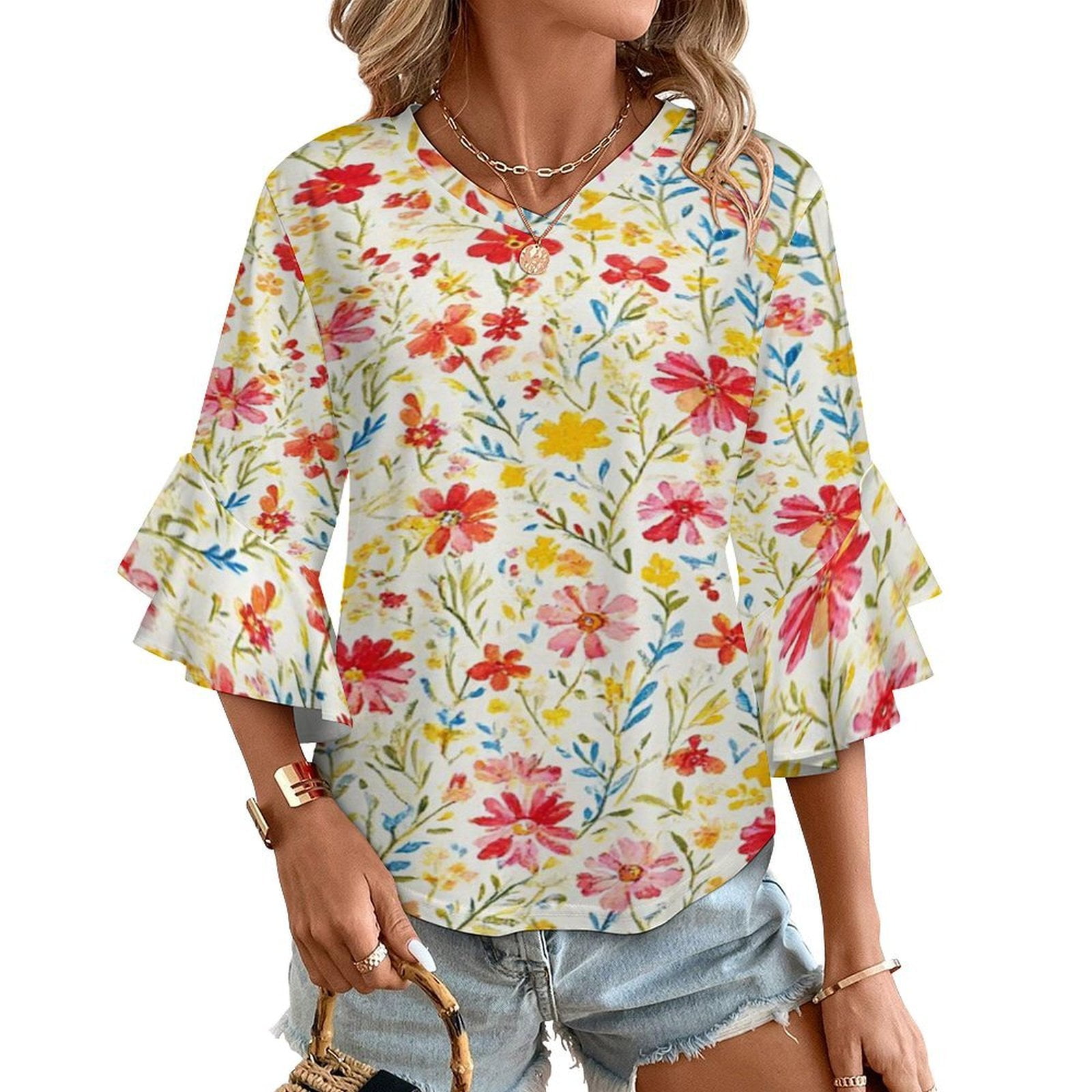 Colorful Floral White Background Print Women's V-Neck Blouse With 3/4 ...